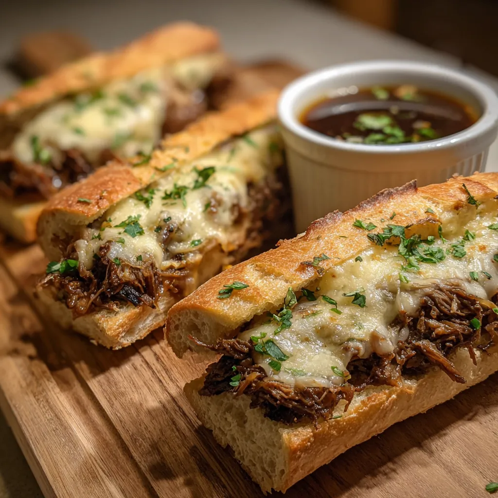 Classic French Dip Sandwich with Melted Provolone and Rich Au Jus ...