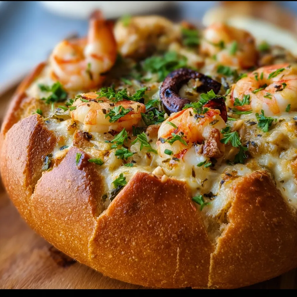 Ultimate Stuffed Seafood Bread Bowl with Creamy Garlic Herb Sauce ...
