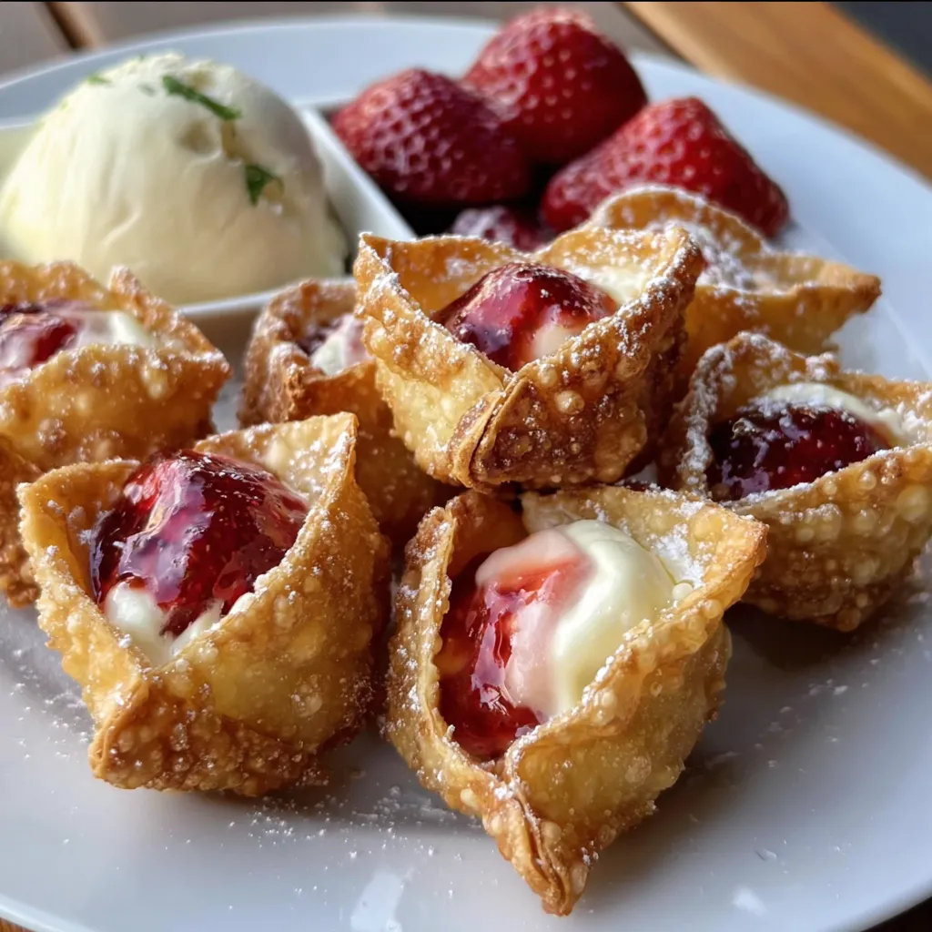 Deep-Fried Strawberry Cheesecake Stuffed Wonton Bites with Vanilla ...