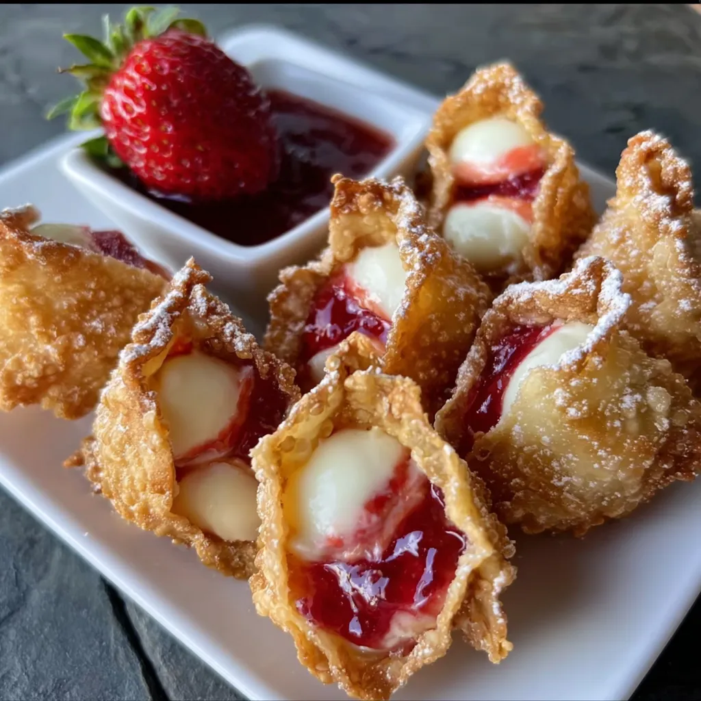 Deep-Fried Strawberry Cheesecake Stuffed Wonton Bites with Vanilla ...